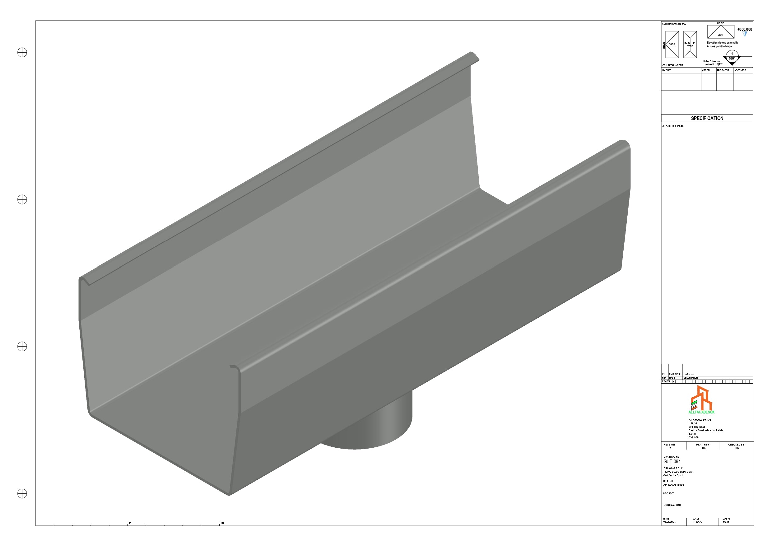 Aluminium Double Slope Gutter - Type 9 - Centre Spout - 76 Dia ...