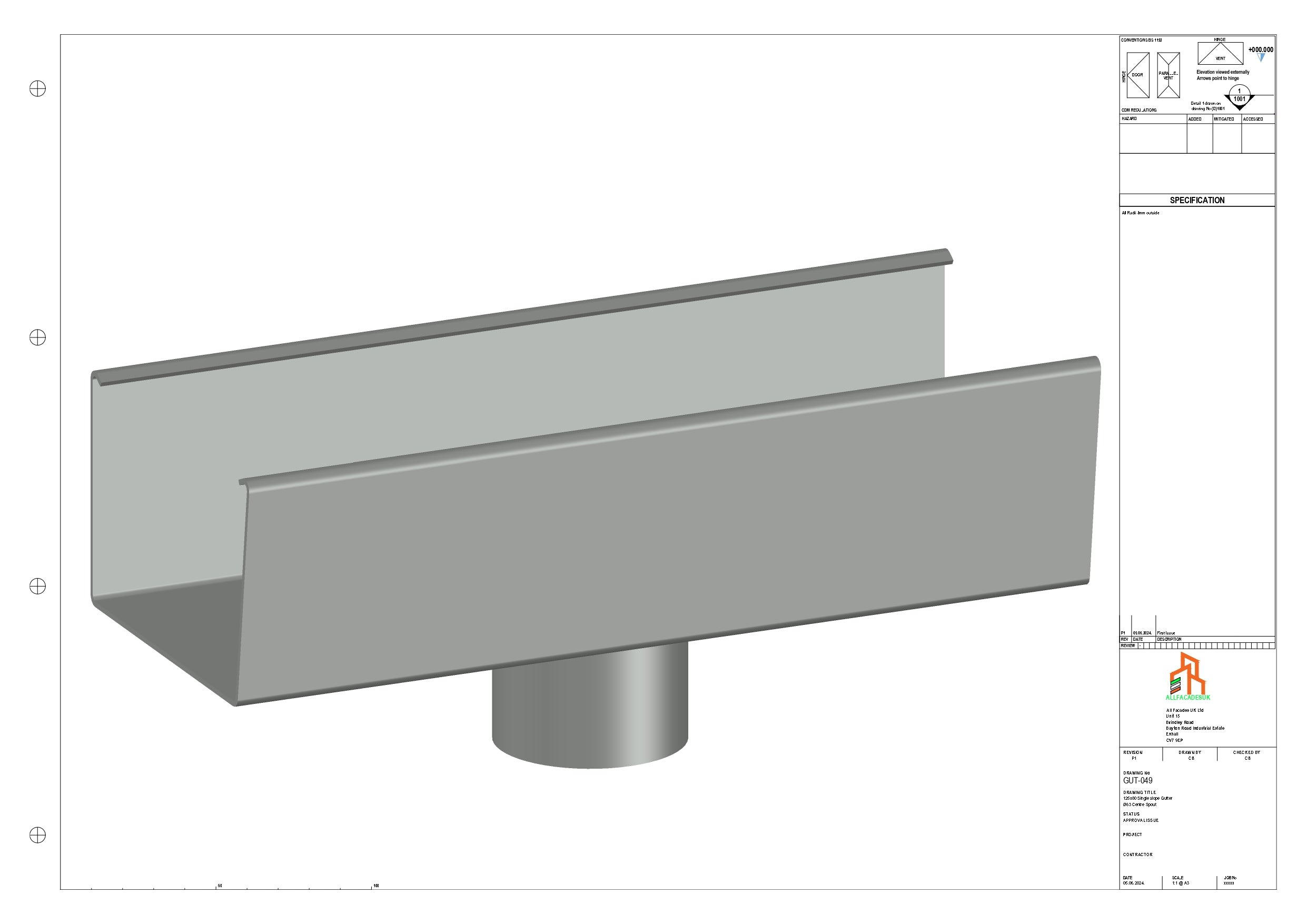 Aluminium Single Slope Gutter - Type 5 - Centre Spout - 76 Dia ...