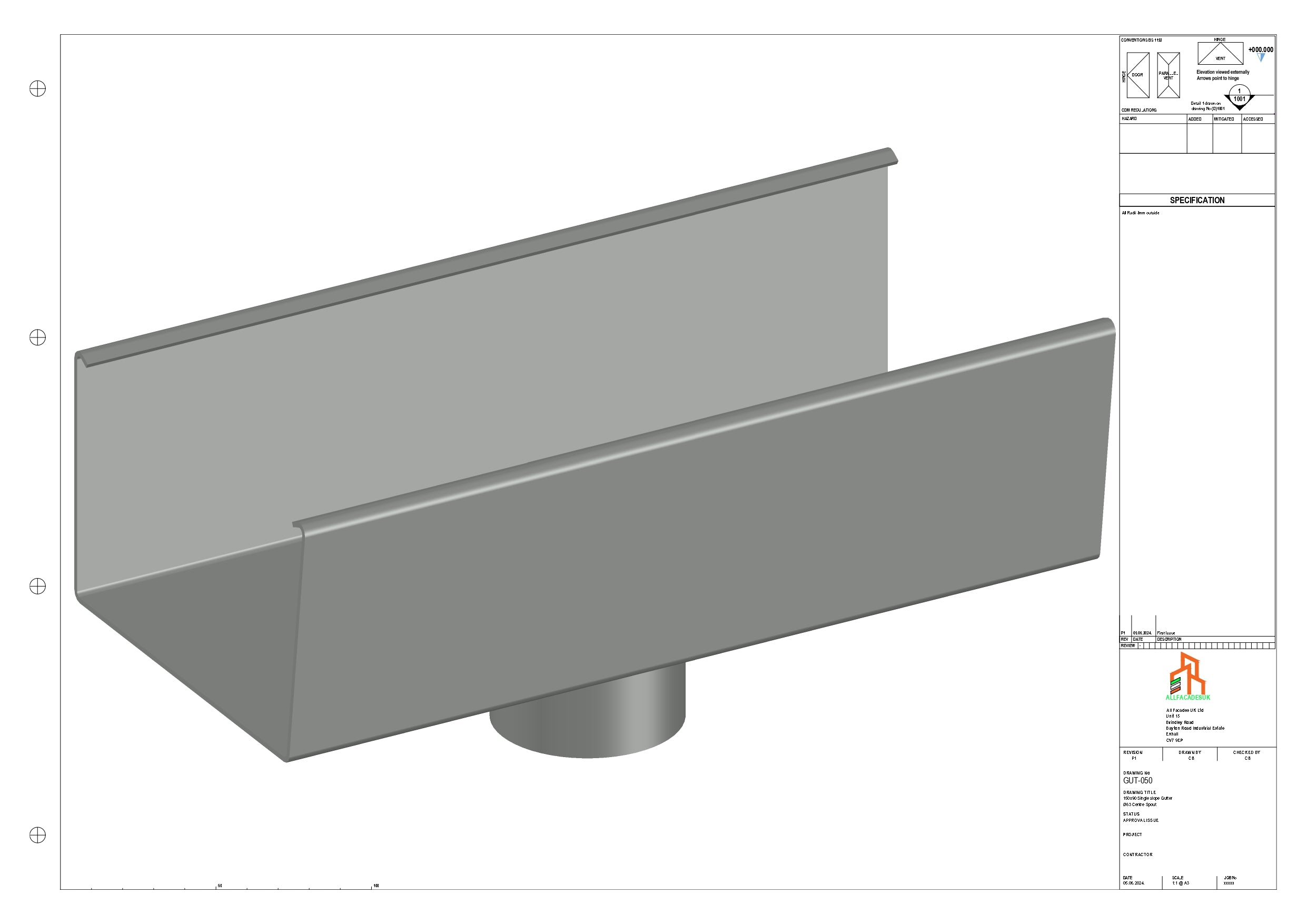 Aluminium Single Slope Gutter - Type 6 - Centre Spout - 100 Dia ...